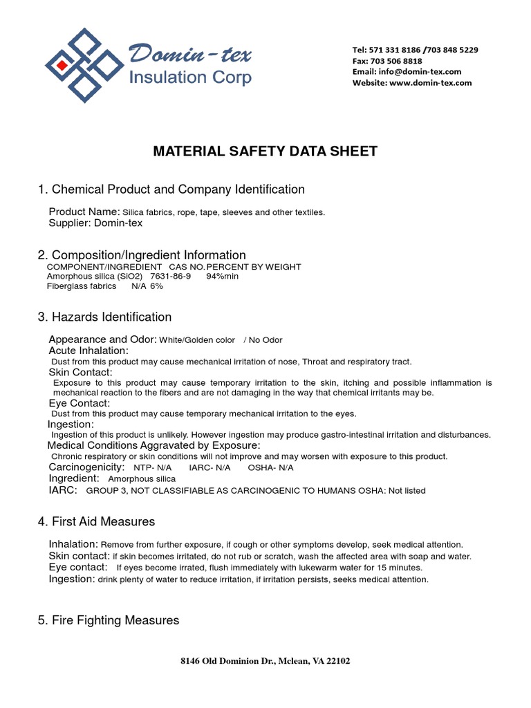 Msds - Silica Fiber Textiles - 56o6 | PDF | Dangerous Goods | Fiberglass