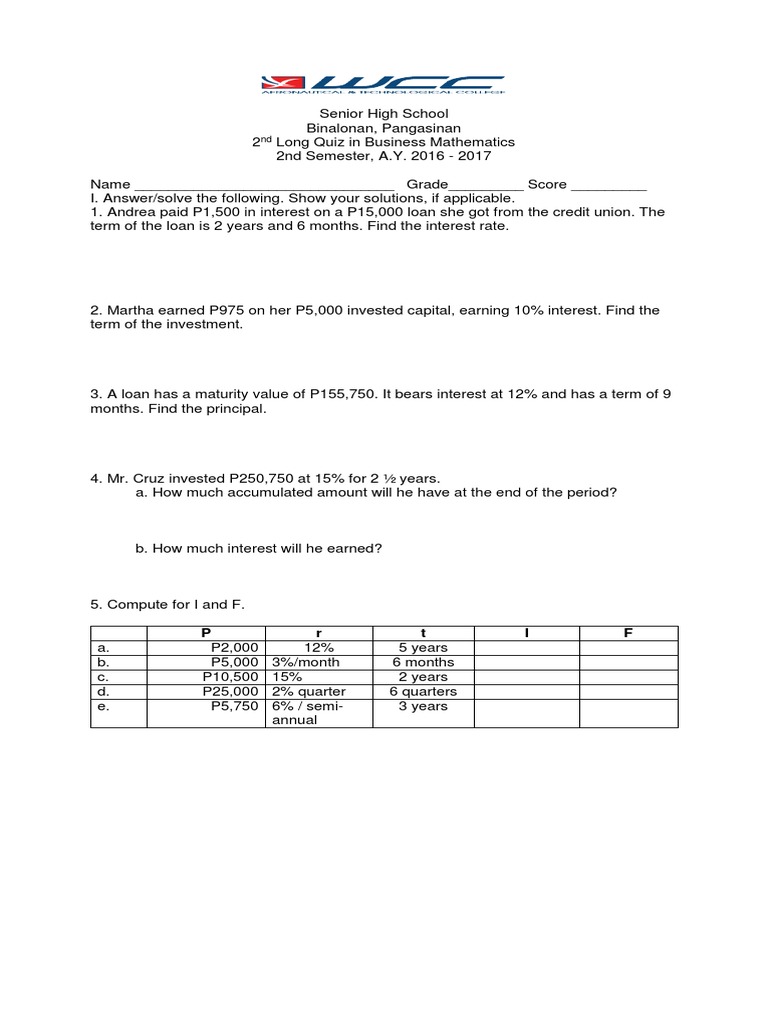 Business Math Quiz for High School Students | PDF | Interest | Loans