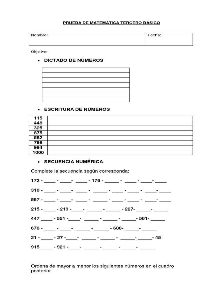 Prueba de Matemáticas Tercero Básico | PDF