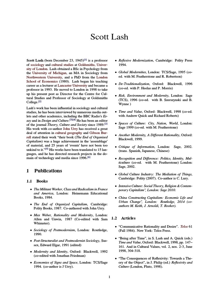 Scott Lash: Cultural Sociology Expert | PDF | Philosophical Movements ...