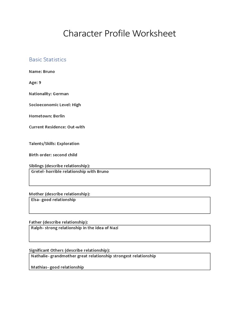 Character Profile Worksheet - BRUNO | PDF | Hero | Social Psychology