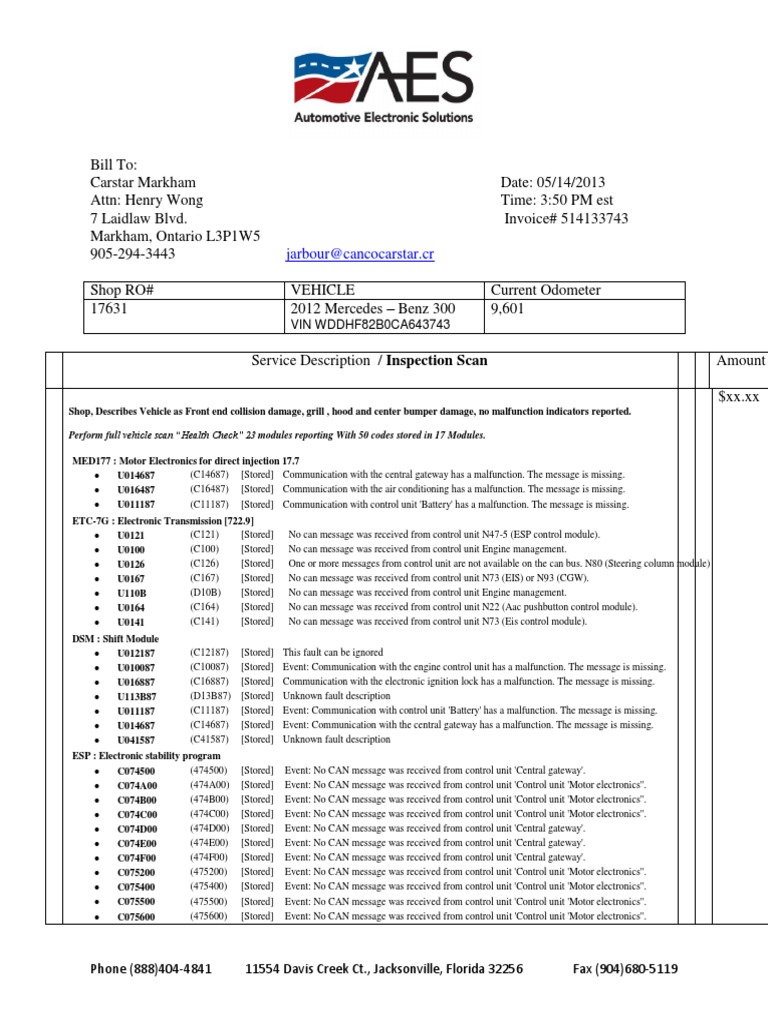 12 Mercedes 300 Carstar Shop Invoice | PDF | Vehicle Parts | Transport