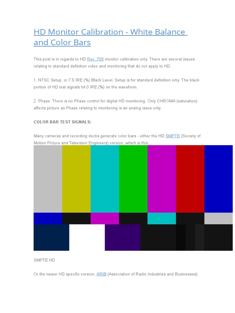 HD Monitor Calibration - White Balance and Color Bars: Color Bar Test ...
