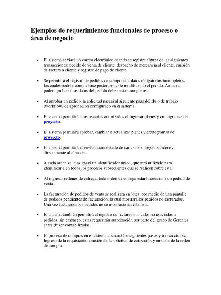 Ejemplos de requerimientos funcionales de proceso o área de negocio ...