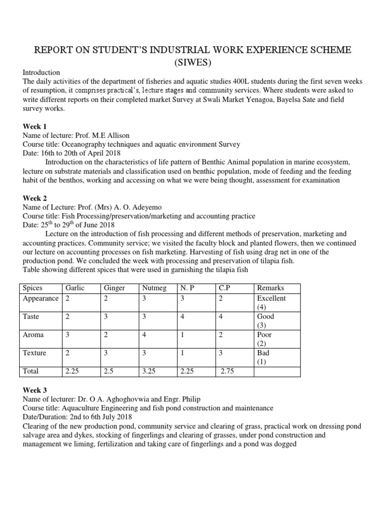 Report On Student'S Industrial Work Experience Scheme (Siwes) | PDF ...