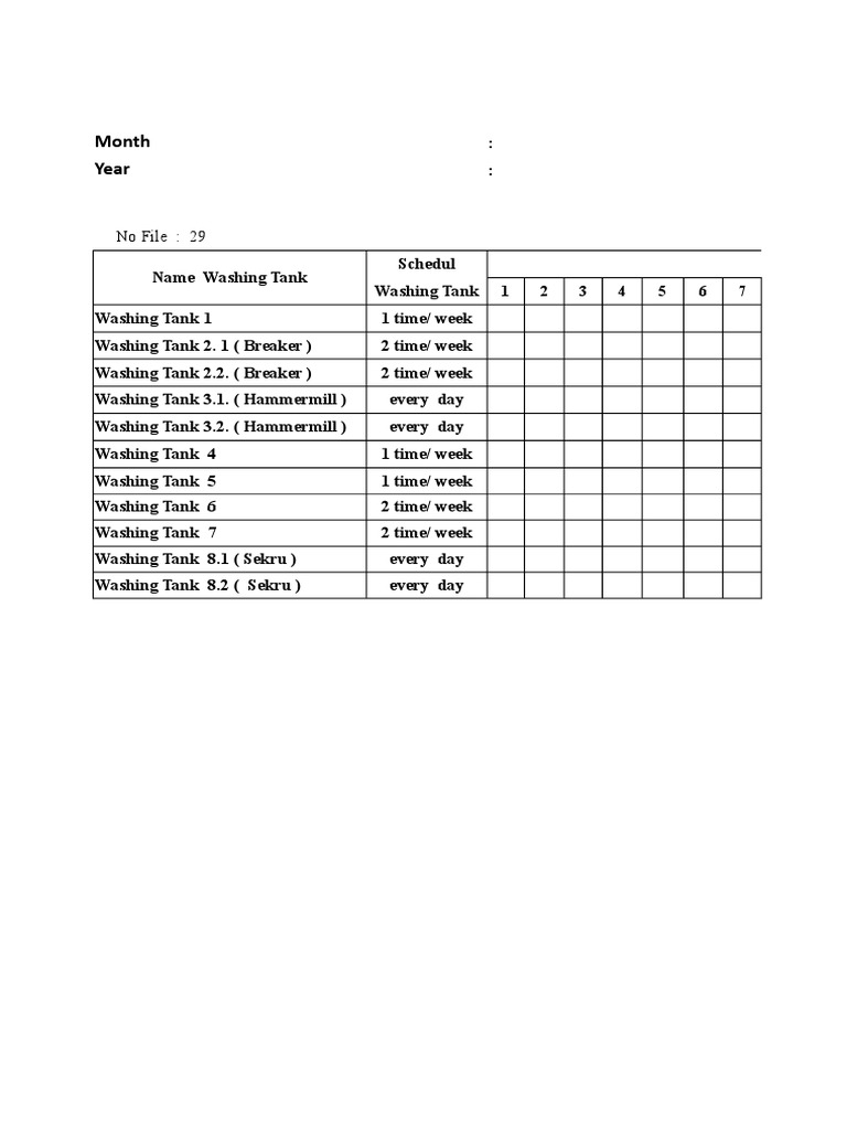 Washing Tank Cleaning Schedule and Report for Month of [YEAR] | PDF