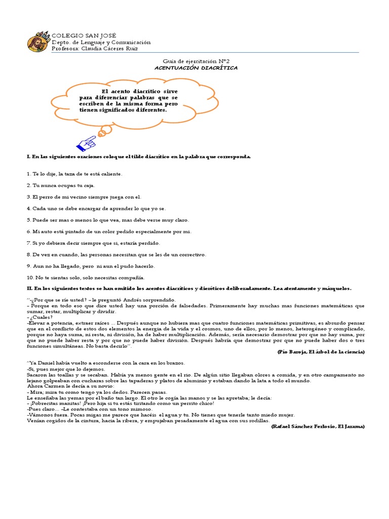Guía Acento Diacrítico Nº2 7º y 8º Básico. | PDF