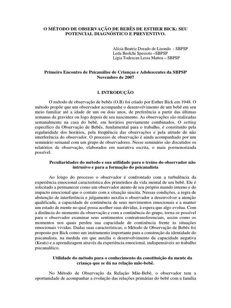 Esther Bick PDF | PDF | Emoções | Gravidez
