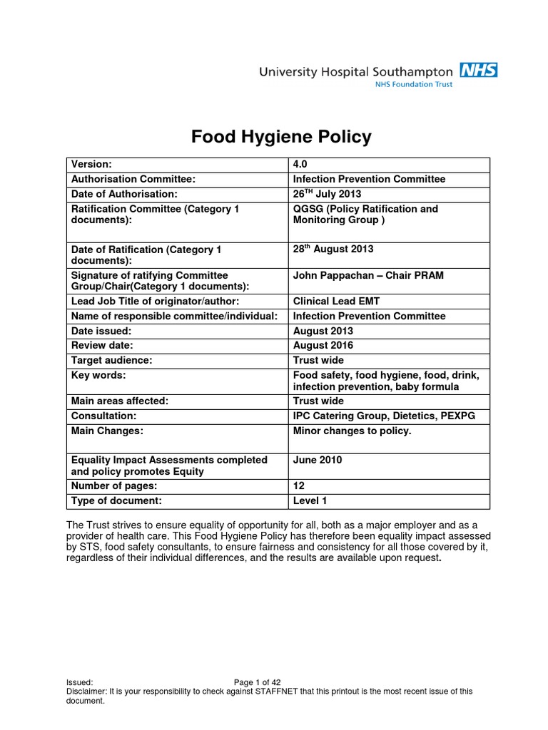 Food Hygiene Policy | PDF | Food Safety | Refrigerator