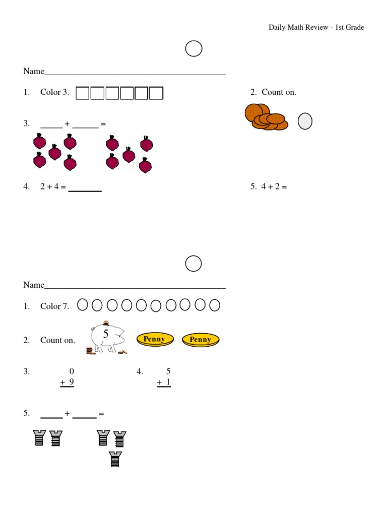 Daily Math Review Sheets Grade 1 PDF | PDF | Nickel (United States Coin ...