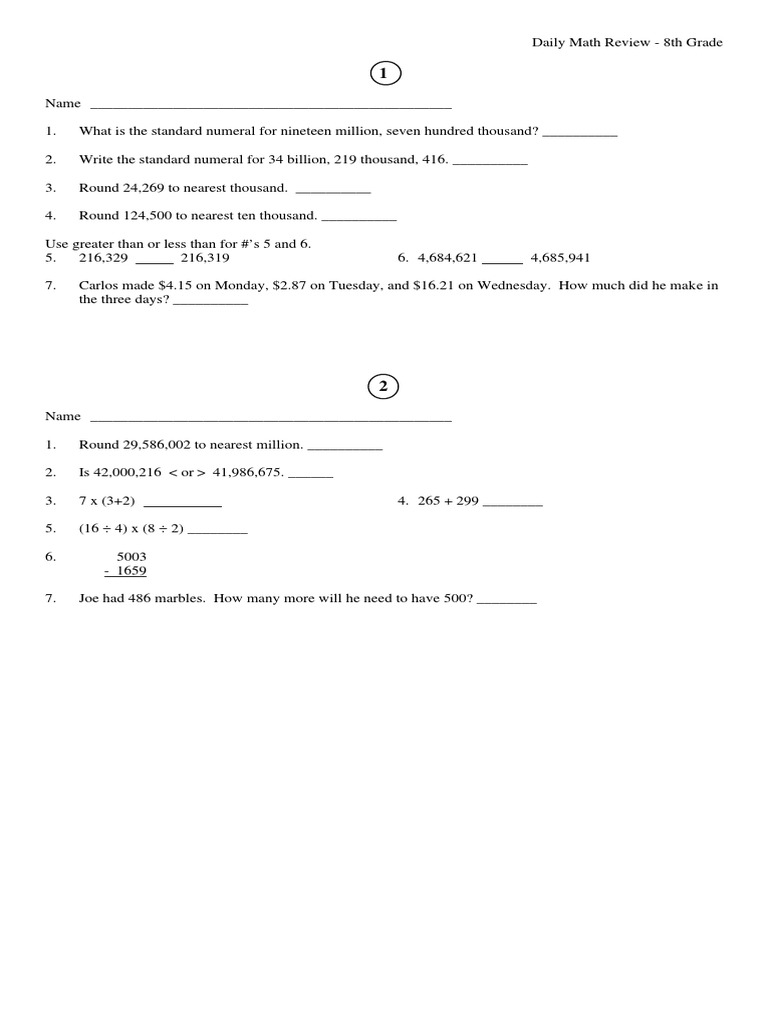 Daily Math Review Sheets Grade 8 PDF | PDF | Area | Teaching Mathematics