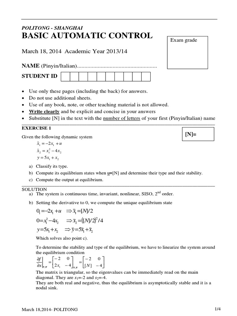 Basic Automatic Control: March 18, 2014 Academic Year 2013/14 | PDF | Stability Theory | Mechanics