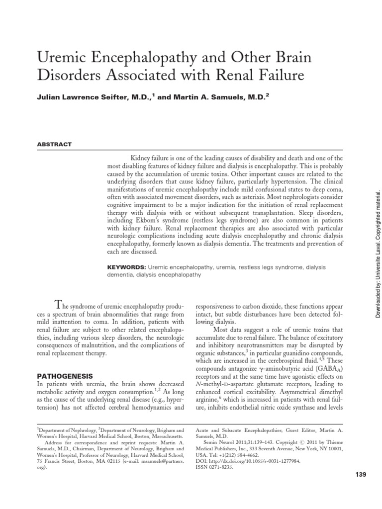 Uremic Encephalopathy and Other Brain Disorders Associated With Renal Failure | PDF ...