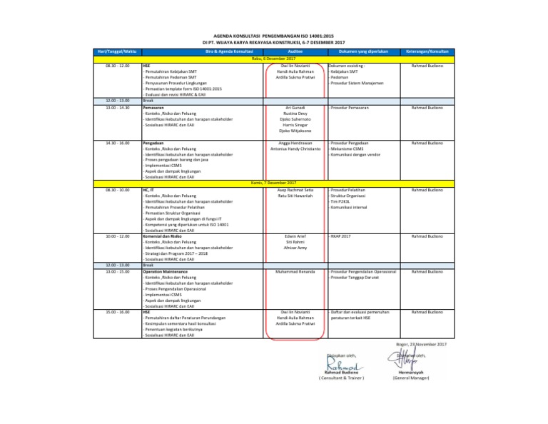AGENDA KONSULTASI ISO 14001 2015 WRK 2017 Edit Dilla Sosialisasi Hirarc Eaii | PDF
