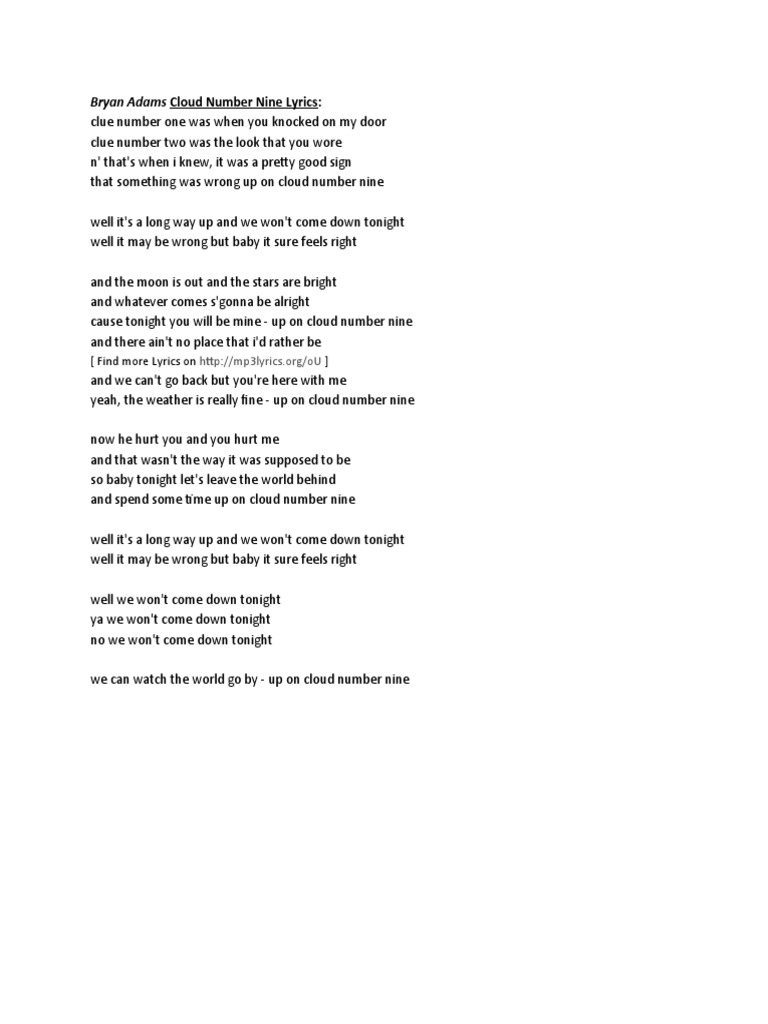 Bryan Adams Cloud Number Nine Lyrics | PDF