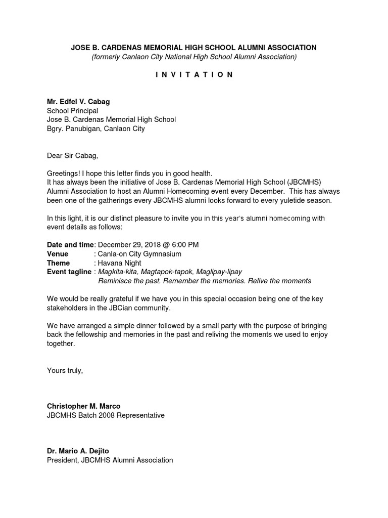 Batch 2008 - Alumni Homecoming Invitation Letter | PDF