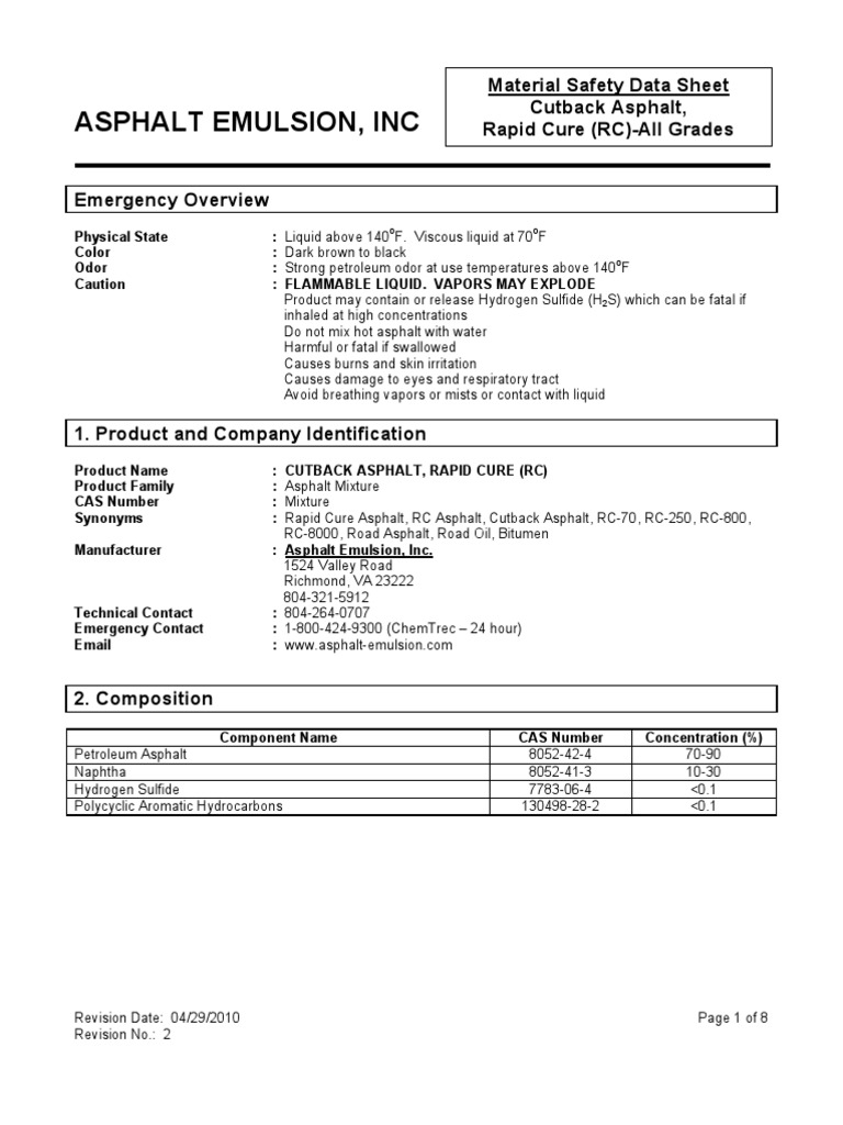 Cutback Asphalt Msds | Resource Conservation And Recovery Act ...