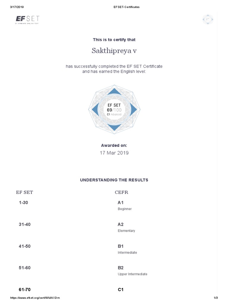 EFSET Certificates 69 | PDF | Linguistics | Learning