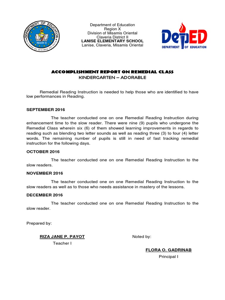 Accomplishment Report On Remedial Class | PDF