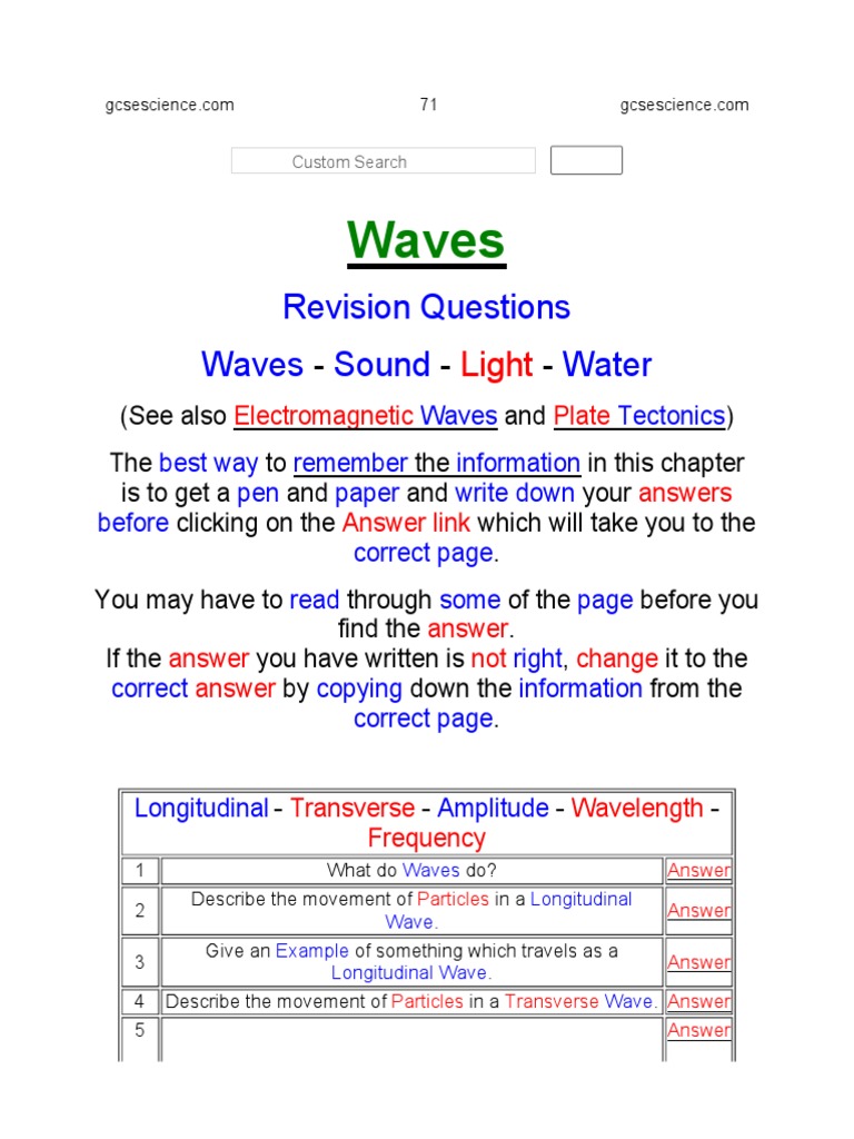 Waves: Revision Questions Waves Sound Water | PDF | Waves | Reflection (Physics)
