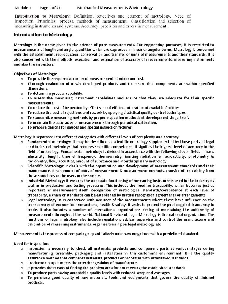 Module 1 Introduction To Metrology PDF | PDF | Metrology | Calibration