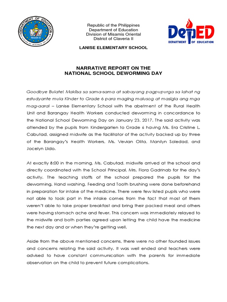 Narrative Report On February 2017 Deworming | PDF | Behavior Modification | Learning