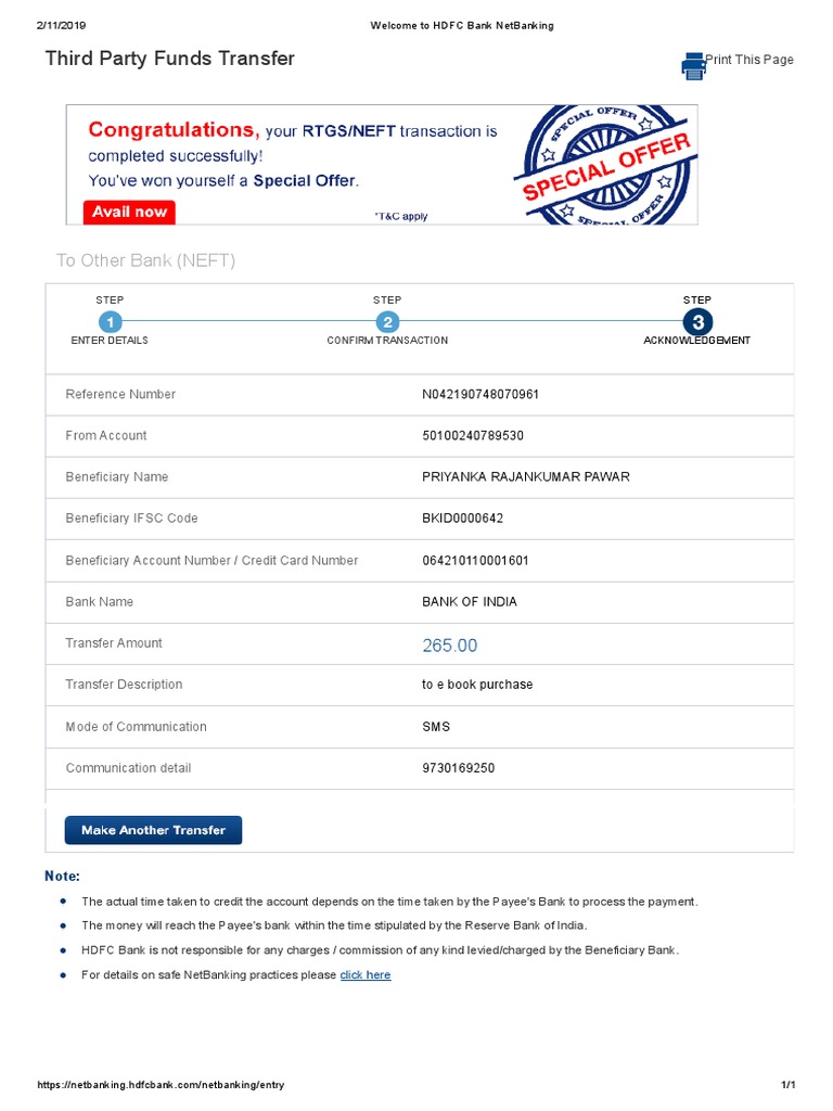 Third Party Funds Transfer: To Other Bank (NEFT) | PDF