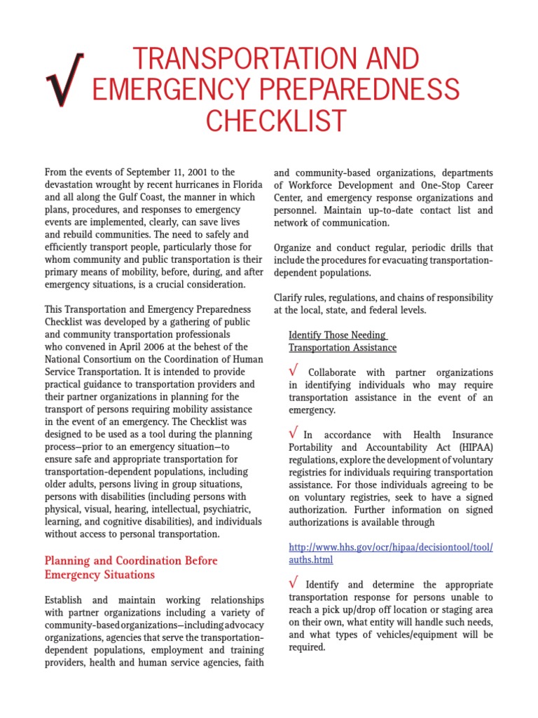 Transportation and Emergency Preparedness Checklist | Download Free PDF ...