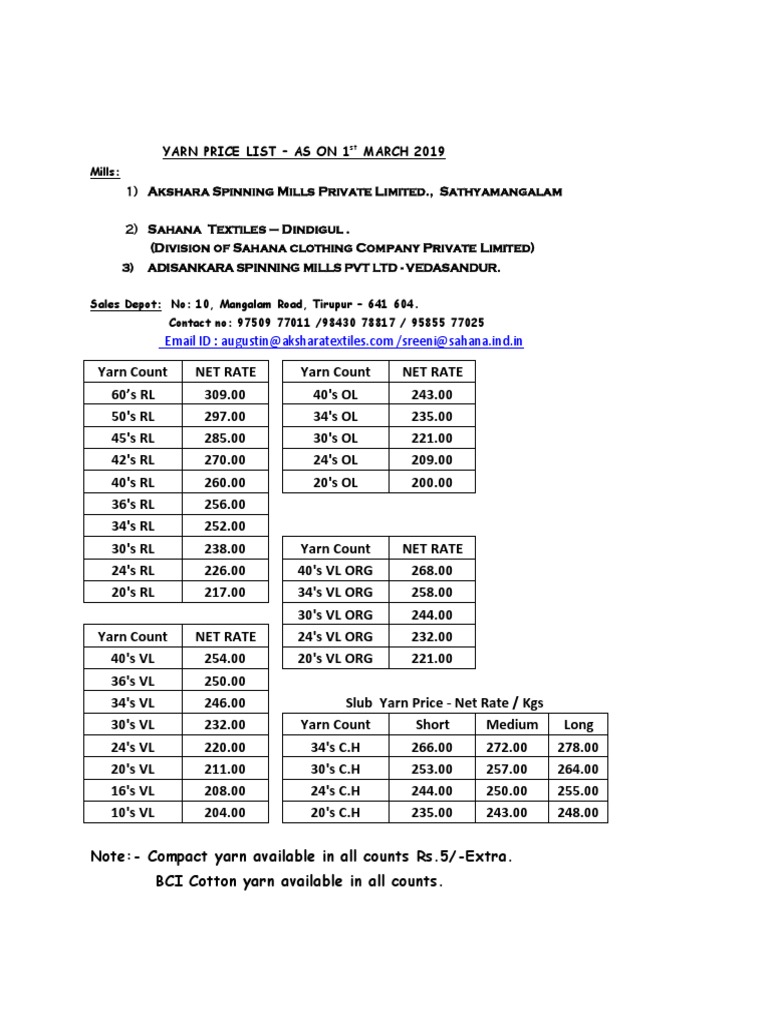 Yarn Price List - As On 1 MARCH 2019: 1) Akshara Spinning Mills Private ...