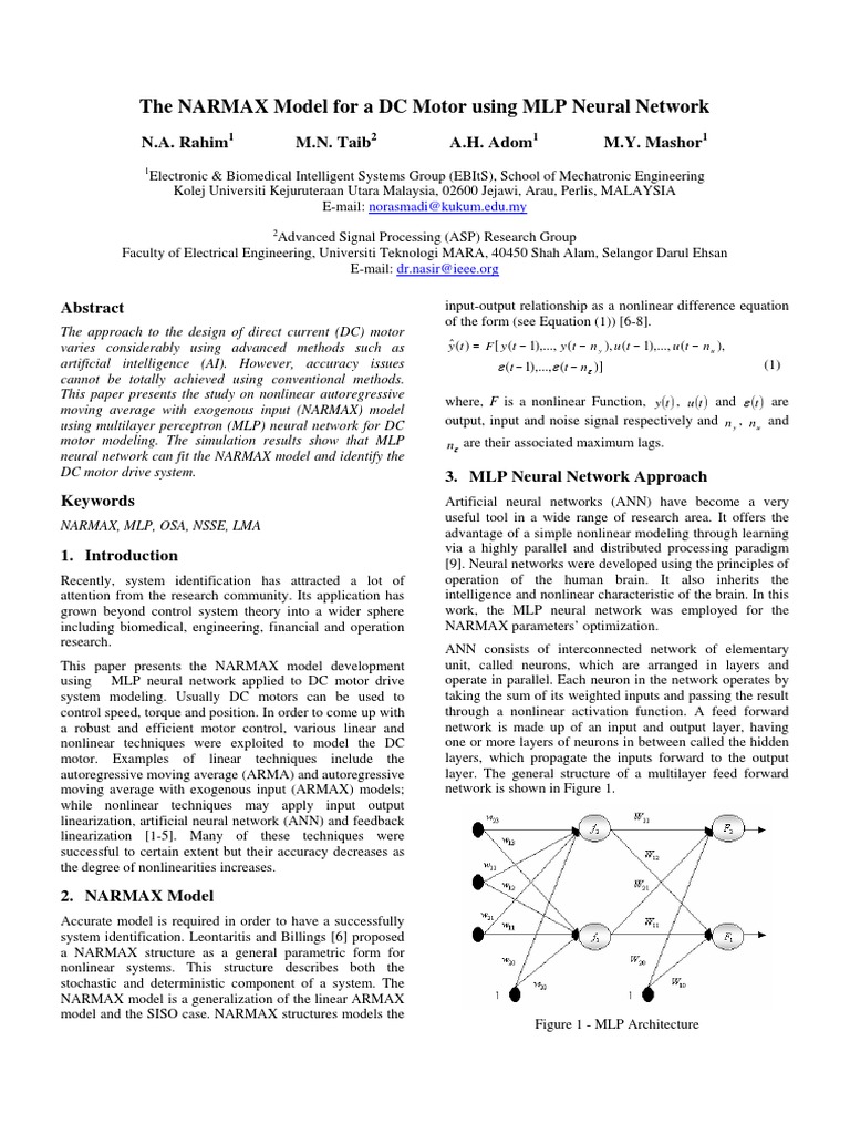 The NARMAX Model For A DC Motor Using MLP Neural Network: N.A. Rahim M.N. Taib A.H. Adom M.Y ...