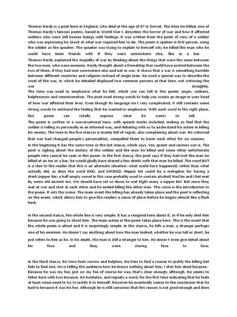 The Man He Killed Poem | PDF | Thomas Hardy | Poetry