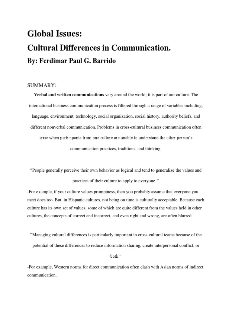 Global Issues:: Cultural Differences in Communication | PDF | Value ...