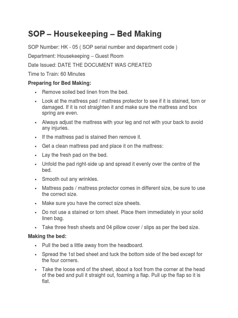 Bed Making SOP | PDF | Bedding | Bed