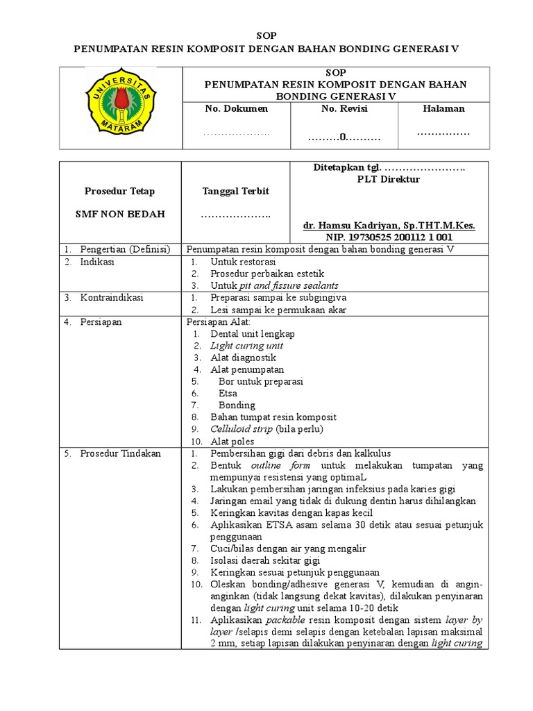 Penumpatan Resin Komposit SOP | PDF