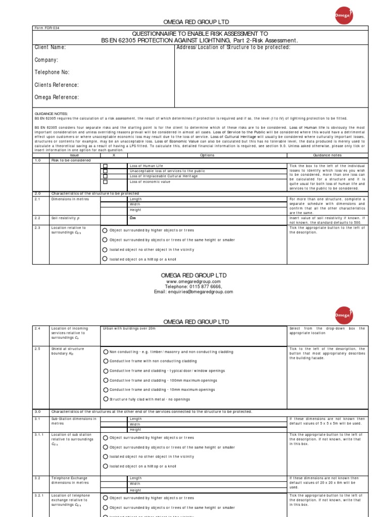 Omega Red Group LTD Questionnaire To Enable Risk Assessment To BS EN ...
