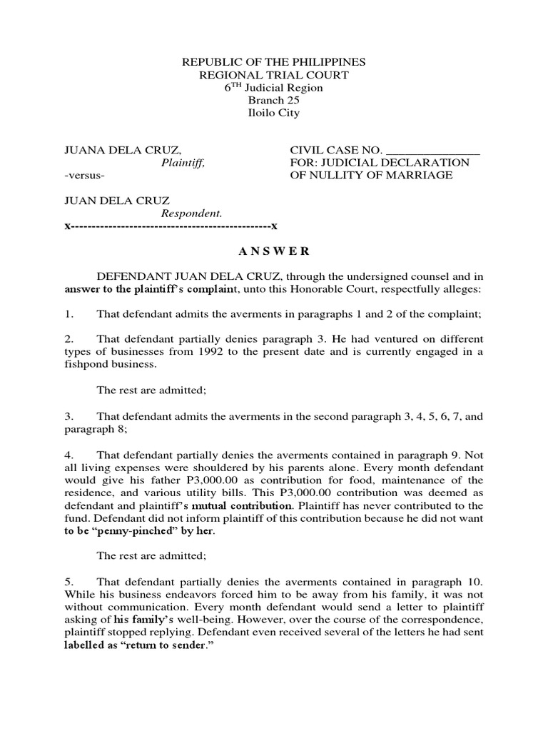 Answer To Declaration of Nullity | PDF | Complaint | Government Information