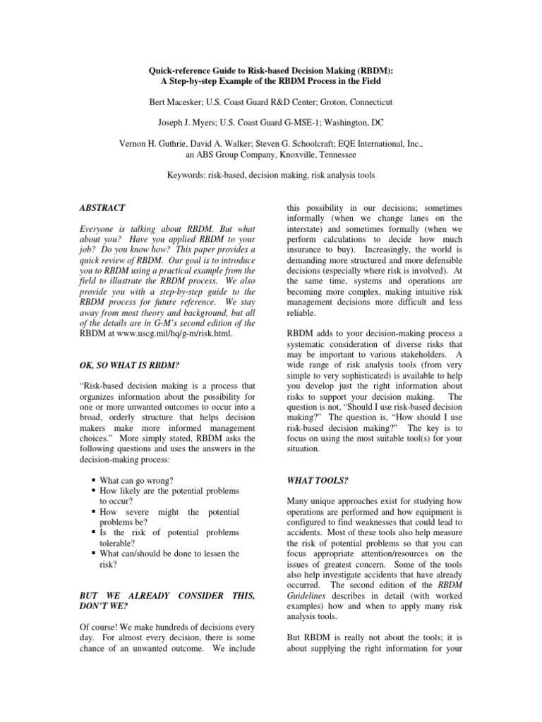 Quick-Reference Guide To Risk-Based Decision Making (RBDM) : A Step-By ...