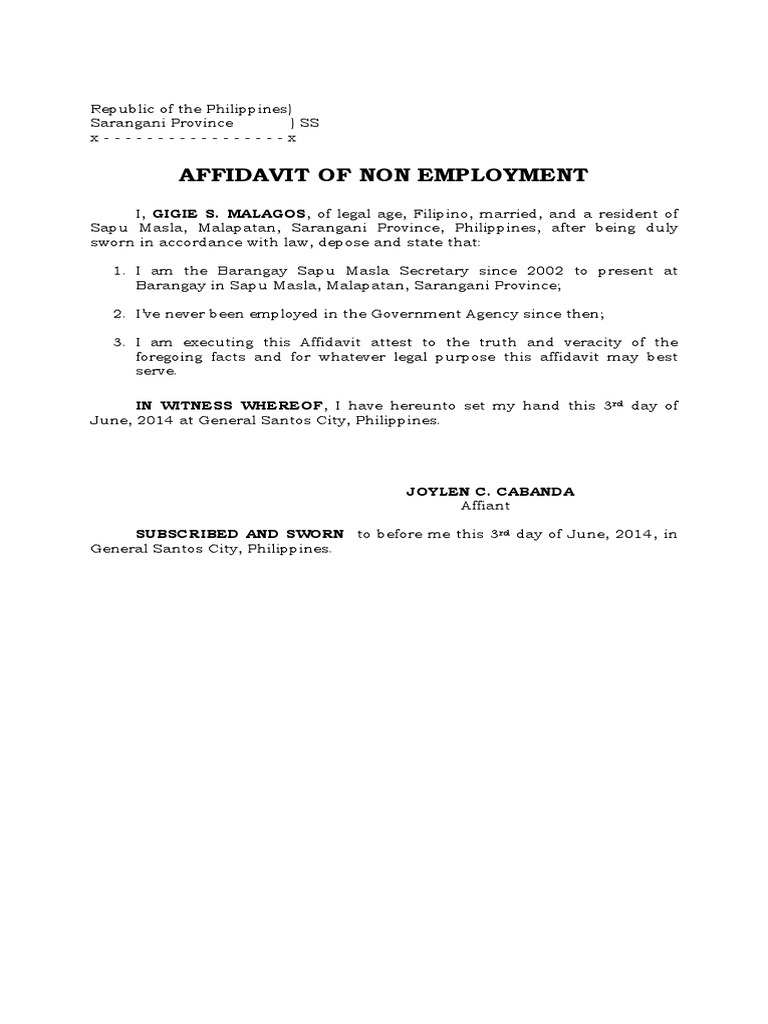 Affidavit-Non Employment Cabanda | PDF