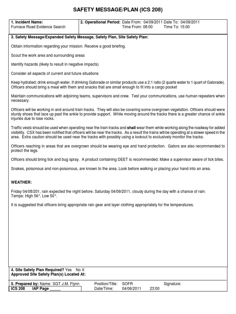 Safety Message (ICS 208) | PDF | Nature