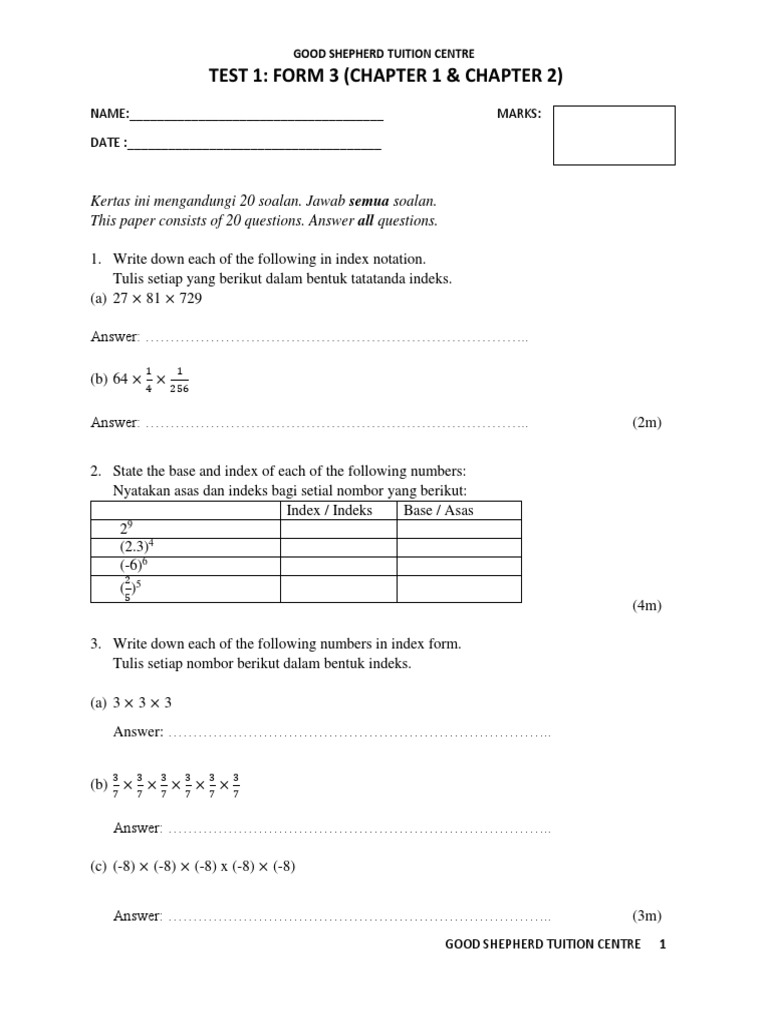 Test 1: Form 3 (Chapter 1 & Chapter 2) | PDF | Litre | Quantity