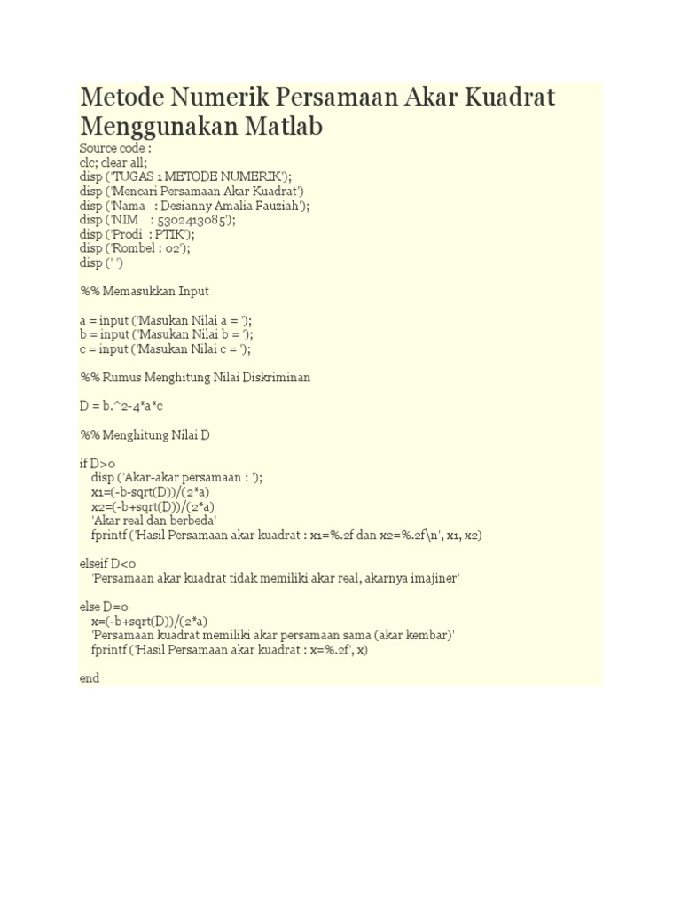 Metode Numerik Persamaan Akar Kuadrat Menggunakan Matlab | PDF