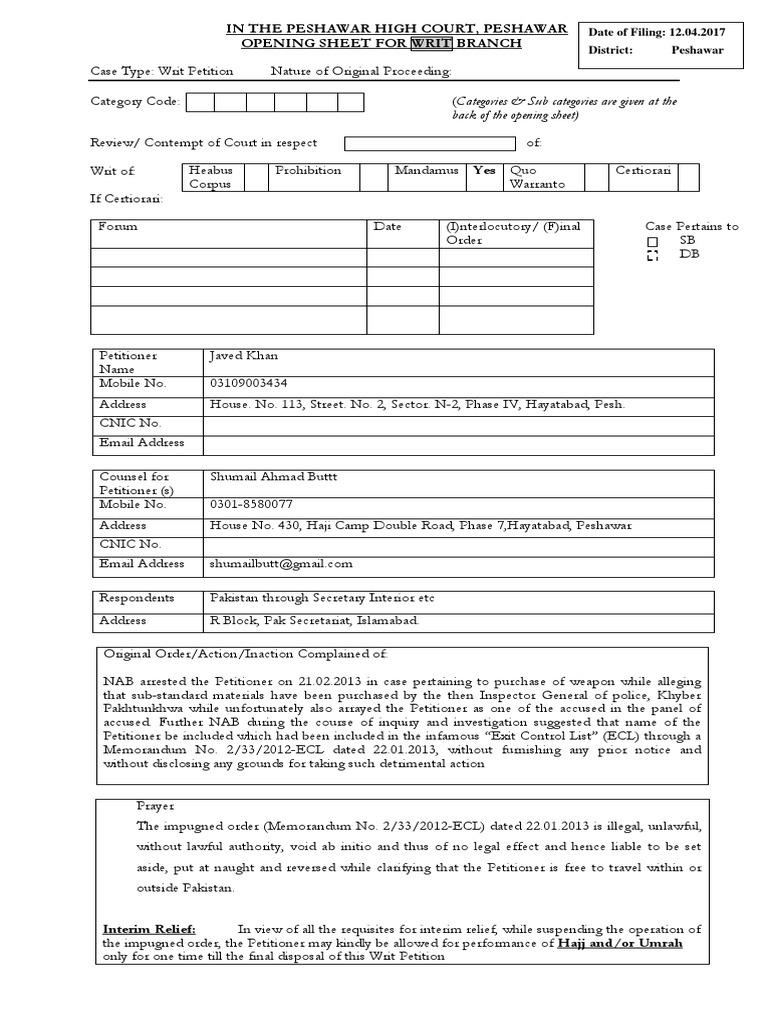 Writ Opening Sheet Peshawar High Court Peshawar | PDF | Writ | Writ Of ...