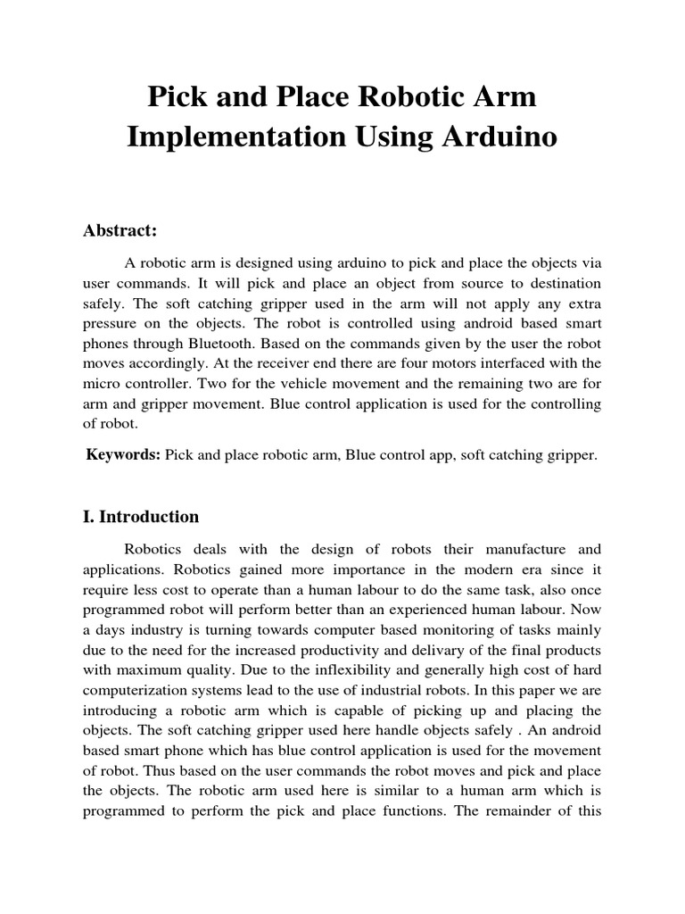 Pick And Place Robotic Arm Implementation Using Arduino Pdf Robotics Robot 