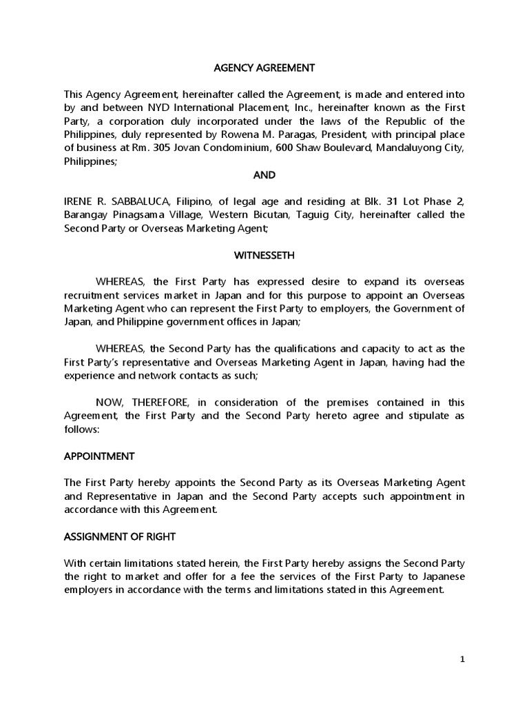 Agency Agreement | PDF | Fee | Employment