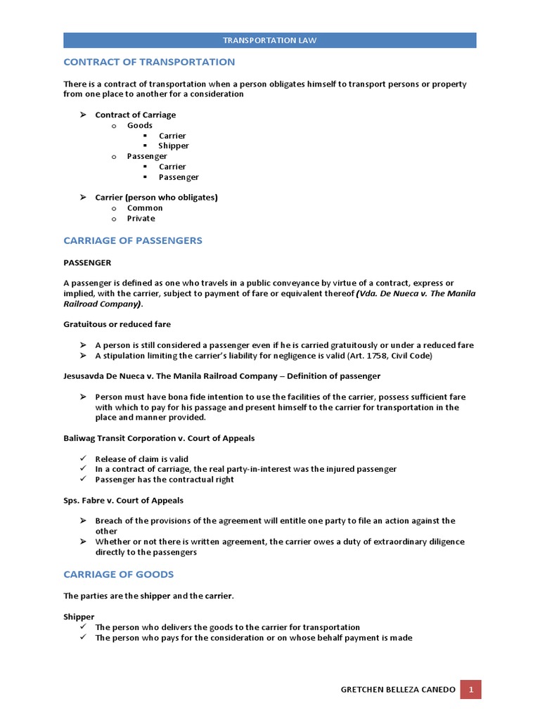 Contract of Carriage in Philippine Law | PDF | Cargo | Common Carrier