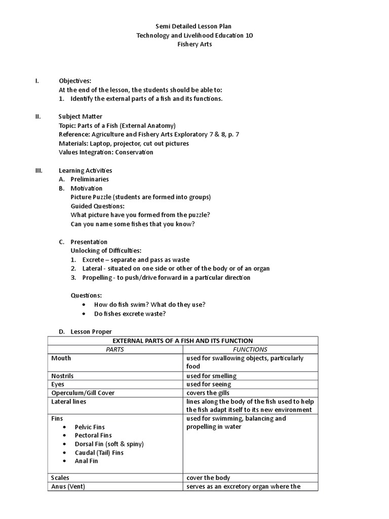 Semi Detailed Lesson Plan | PDF | Fish | Aquatic Vertebrates