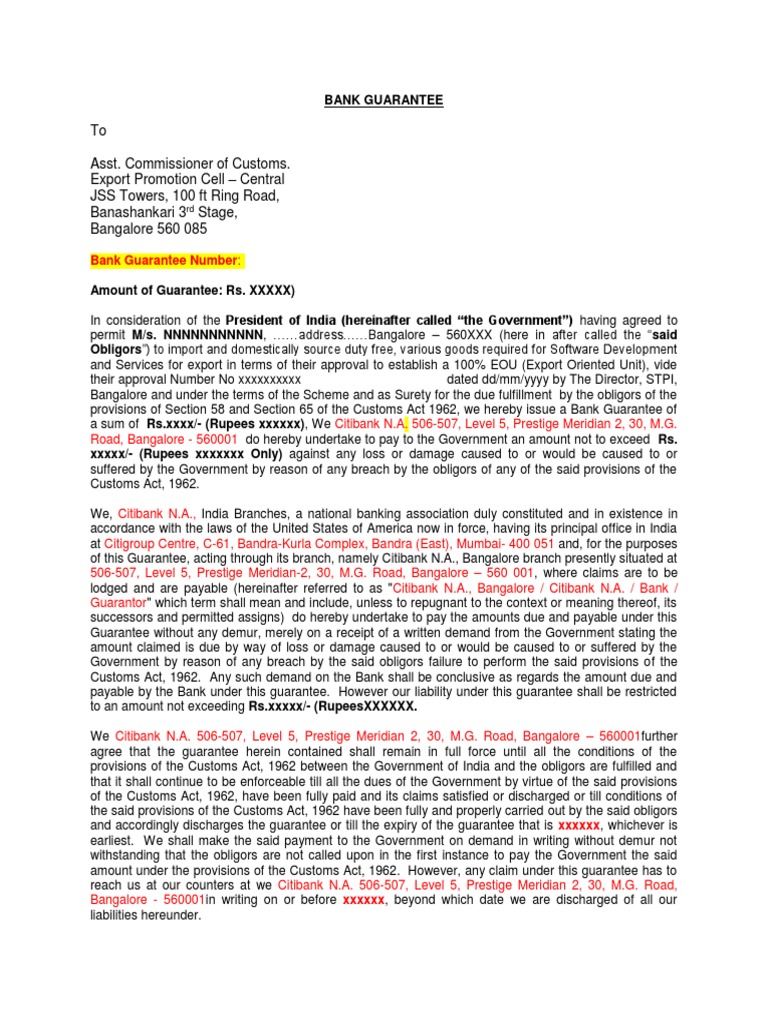 BG Format Citibank Bangalore | Download Free PDF | Guarantee | Common Law