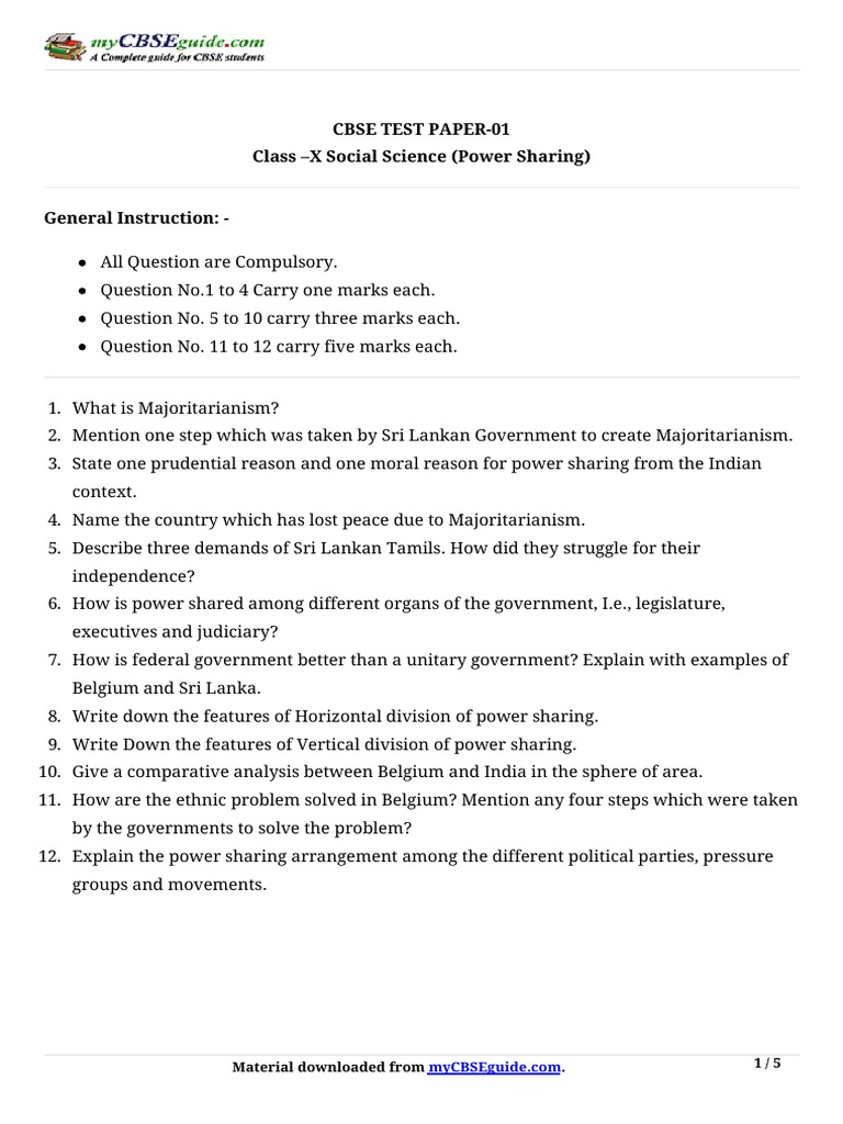 10 Social Science Civics Test Paper Ch1 1 | PDF | Government Of India ...