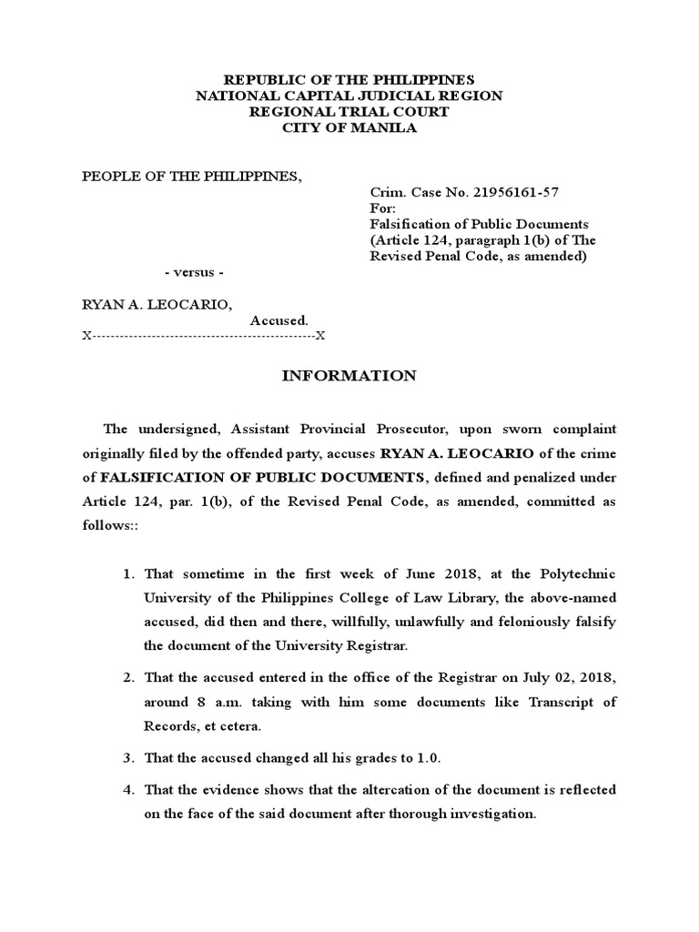 Information for Falsification | Prosecutor | Government Information