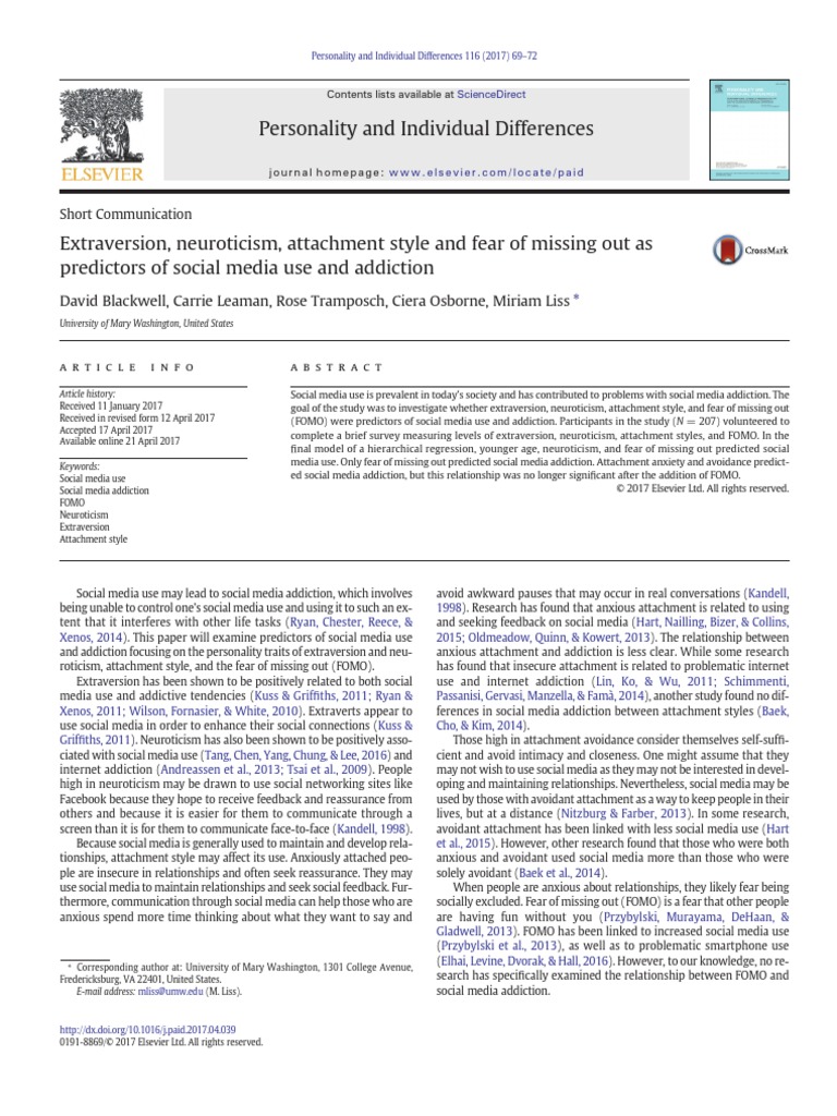 Extraversion, Neuroticism, Attachment Style and Fear of Missing Out As Predictors of Social ...